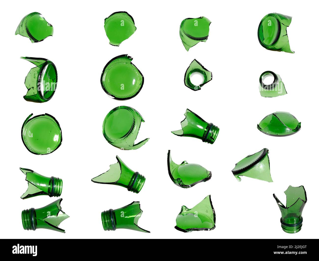 set of green broken glass bottles isolated on white background. High ...