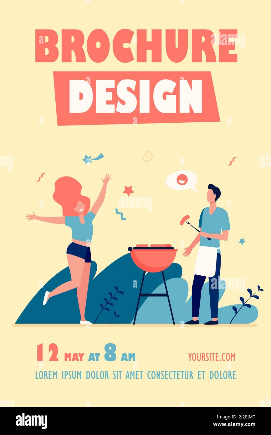 Happy couple enjoying barbecue party. Guy cooking grilled meat, girl ...