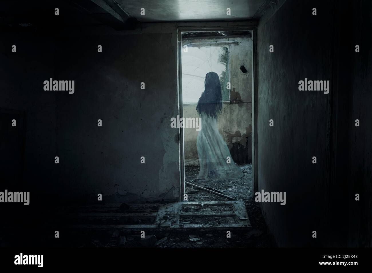 A woman ghost in a long dress floating past a doorway. In a haunted ...