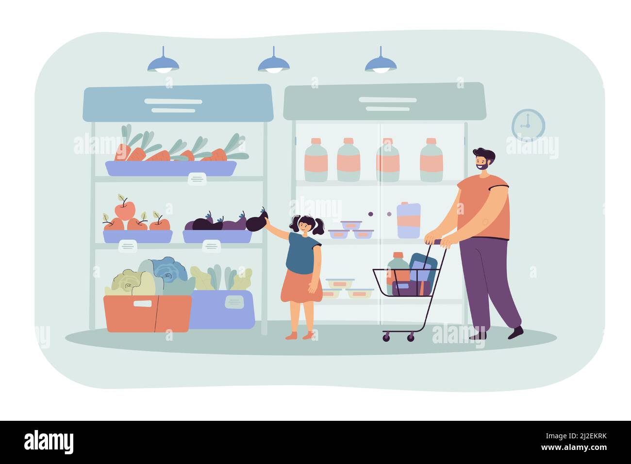 Happy father and daughter buying food in supermarket flat vector ...