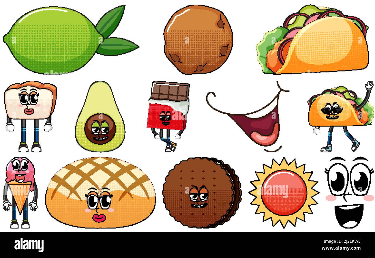 Set of facial expression with vintage style food cartoon on white ...