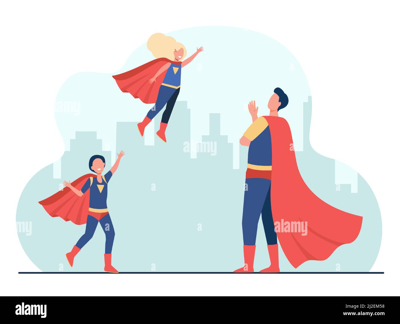 Happy superhero father with kids in super costumes. Hero, cityscape ...