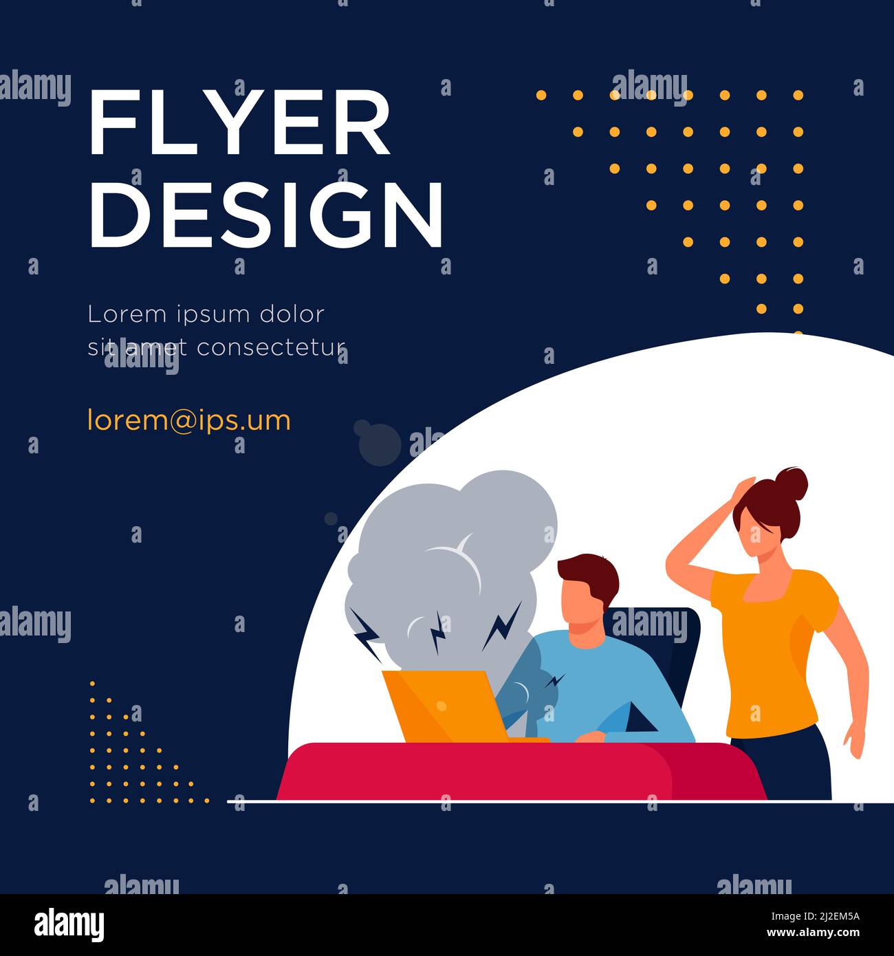 Young man having broken computer and woman shocked. Fume, defect. Flat ...