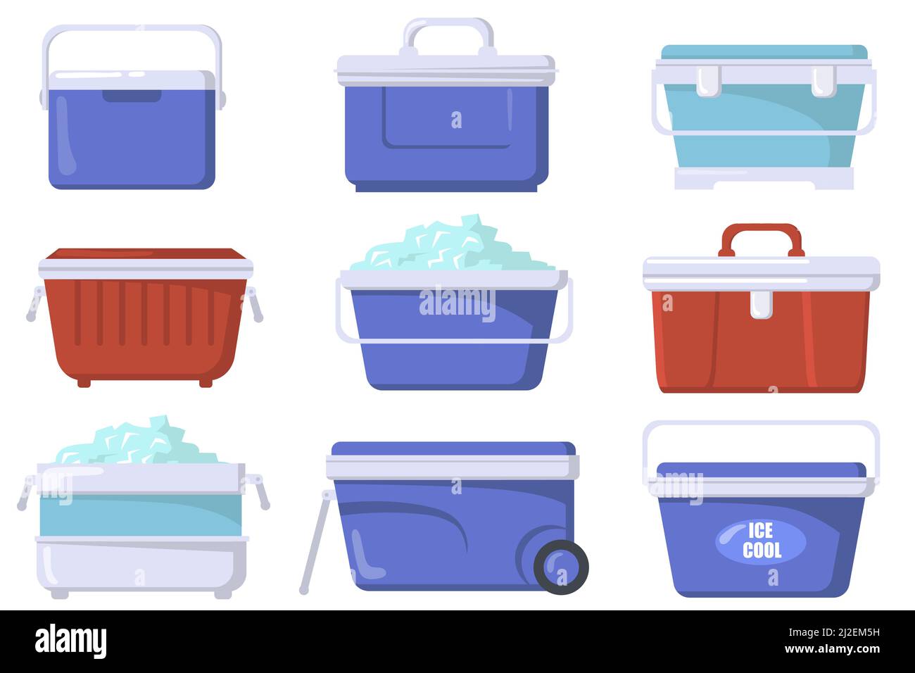Handheld ice cooler boxes flat set for web design. Cartoon iceboxes and ...