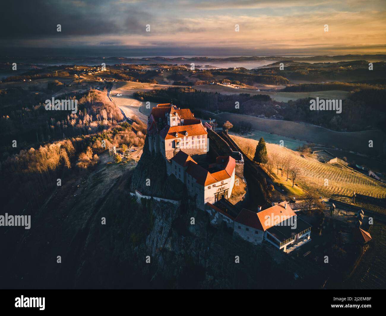 Aerial panorama view of historic old medieval castle Riegersburg on ...