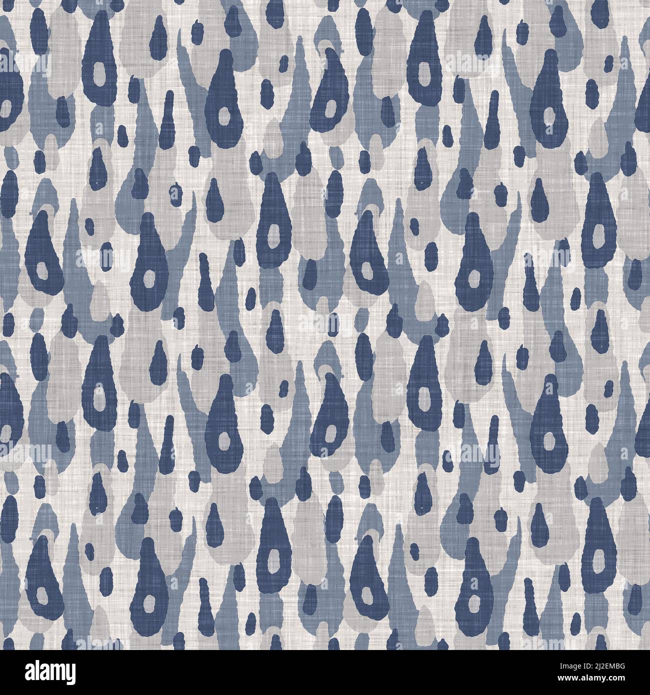 French blue doodle motif linen seamless pattern. Tonal country cottage ...