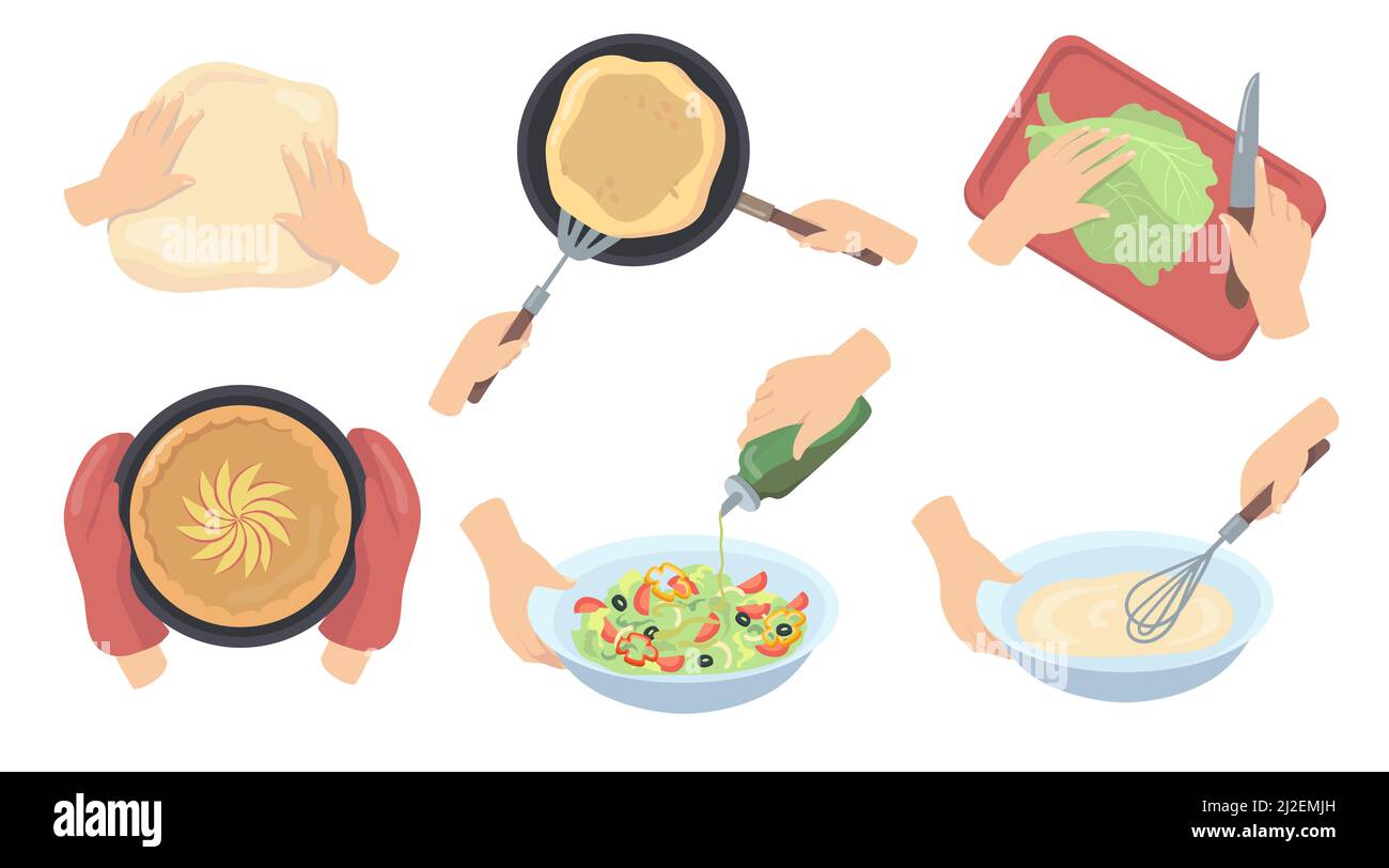 Human hands preparing food flat set for web design. Cartoon process of ...