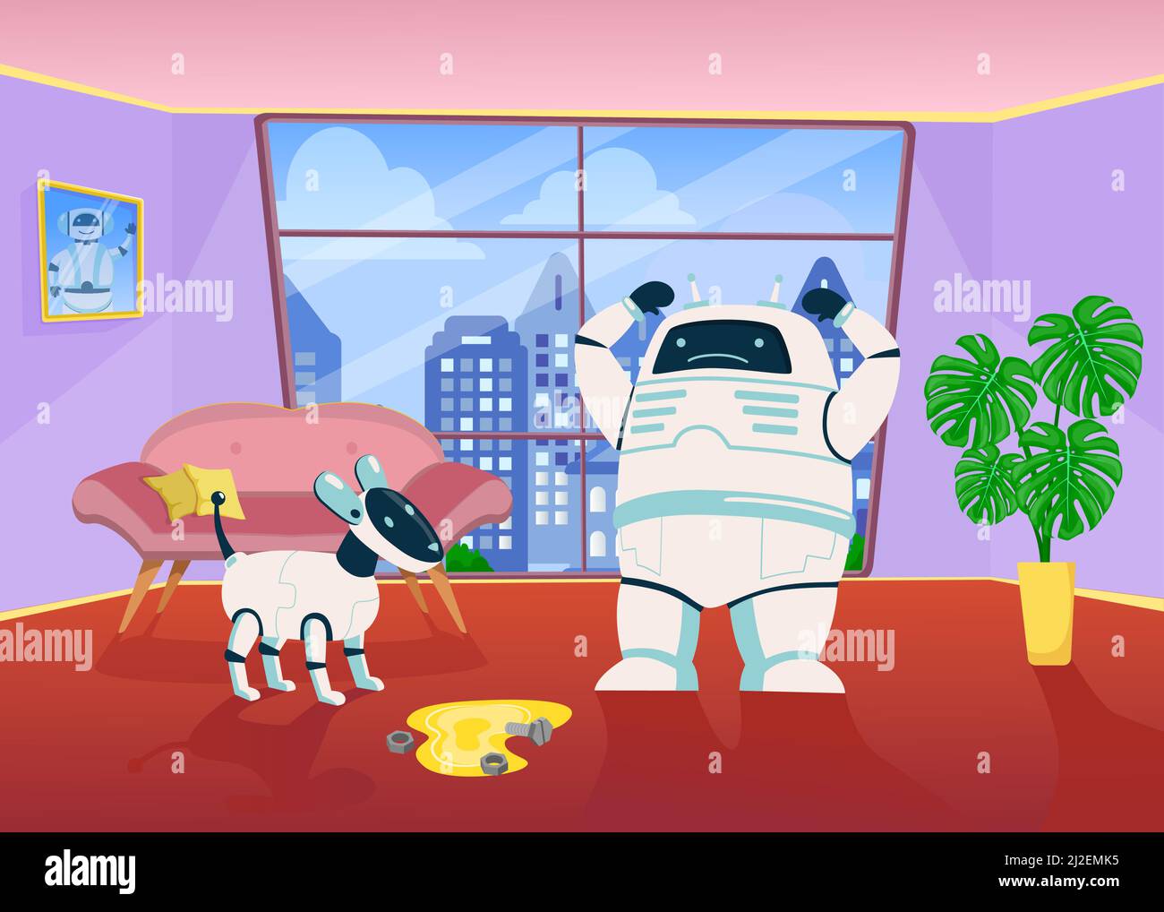 Angry robot scolding mechanical dog for peeing on floor at home. Cute ...