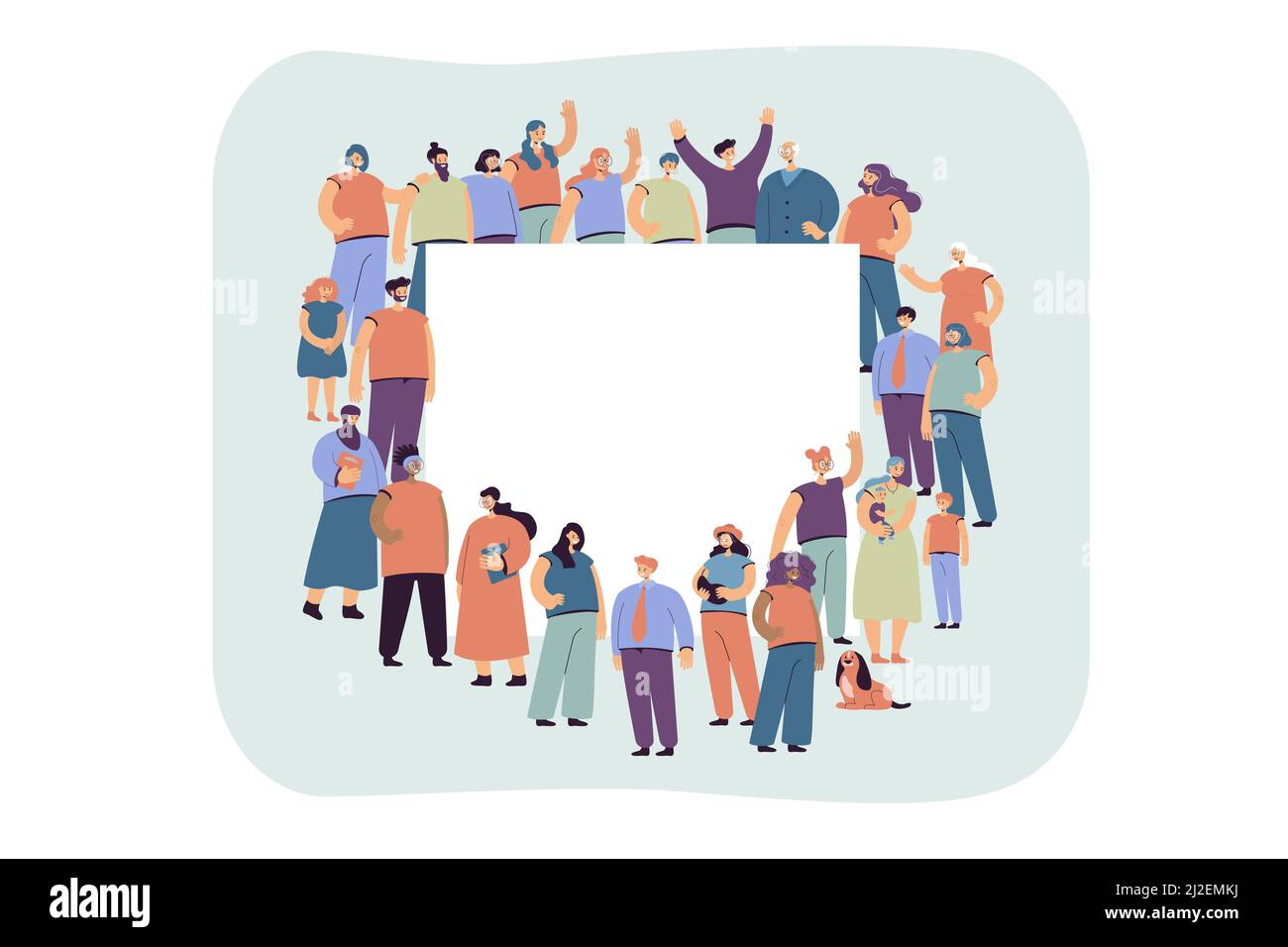 Multicultural crowd of people standing around blank banner flat vector ...