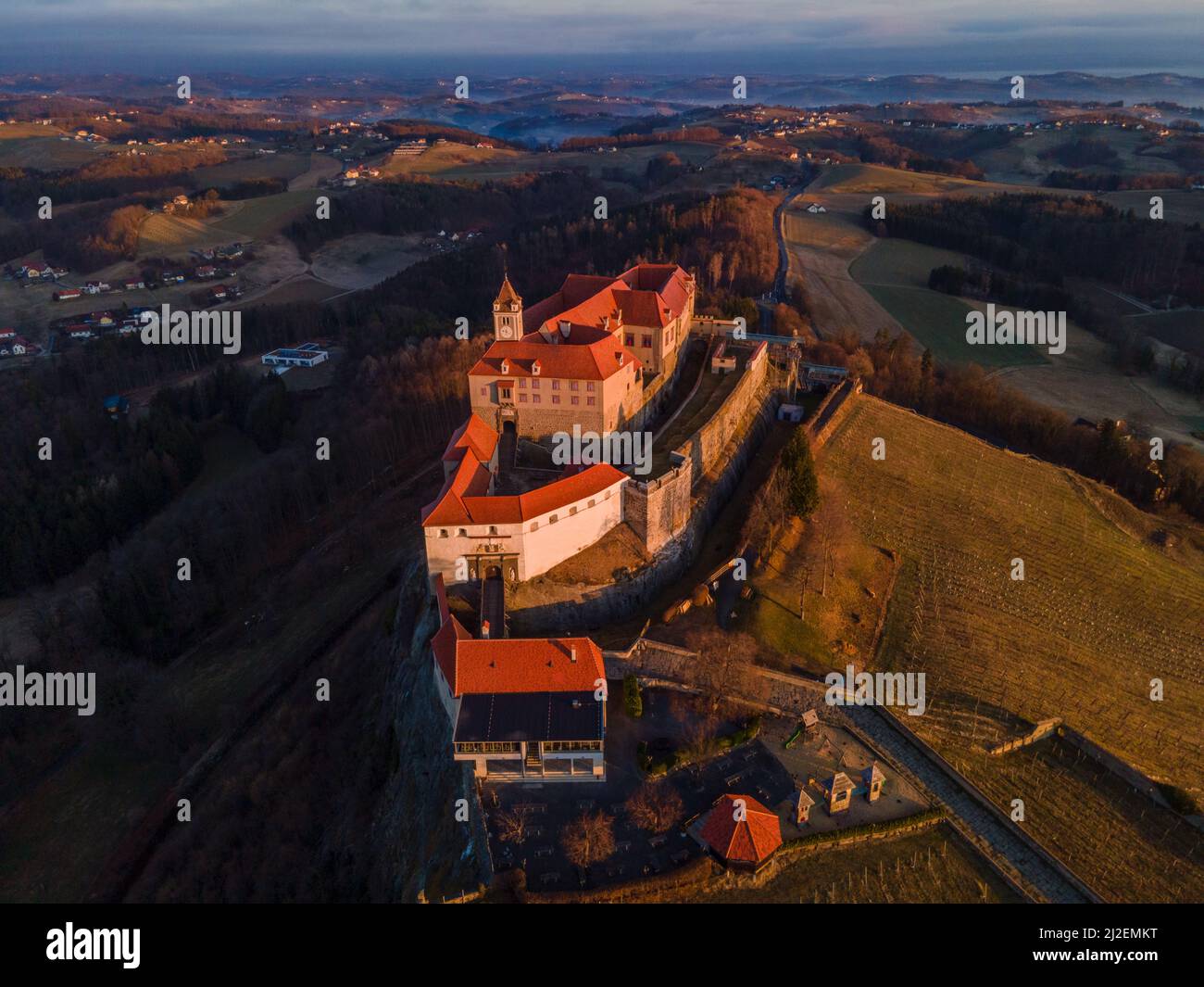 Aerial panorama view of historic old medieval castle Riegersburg on ...