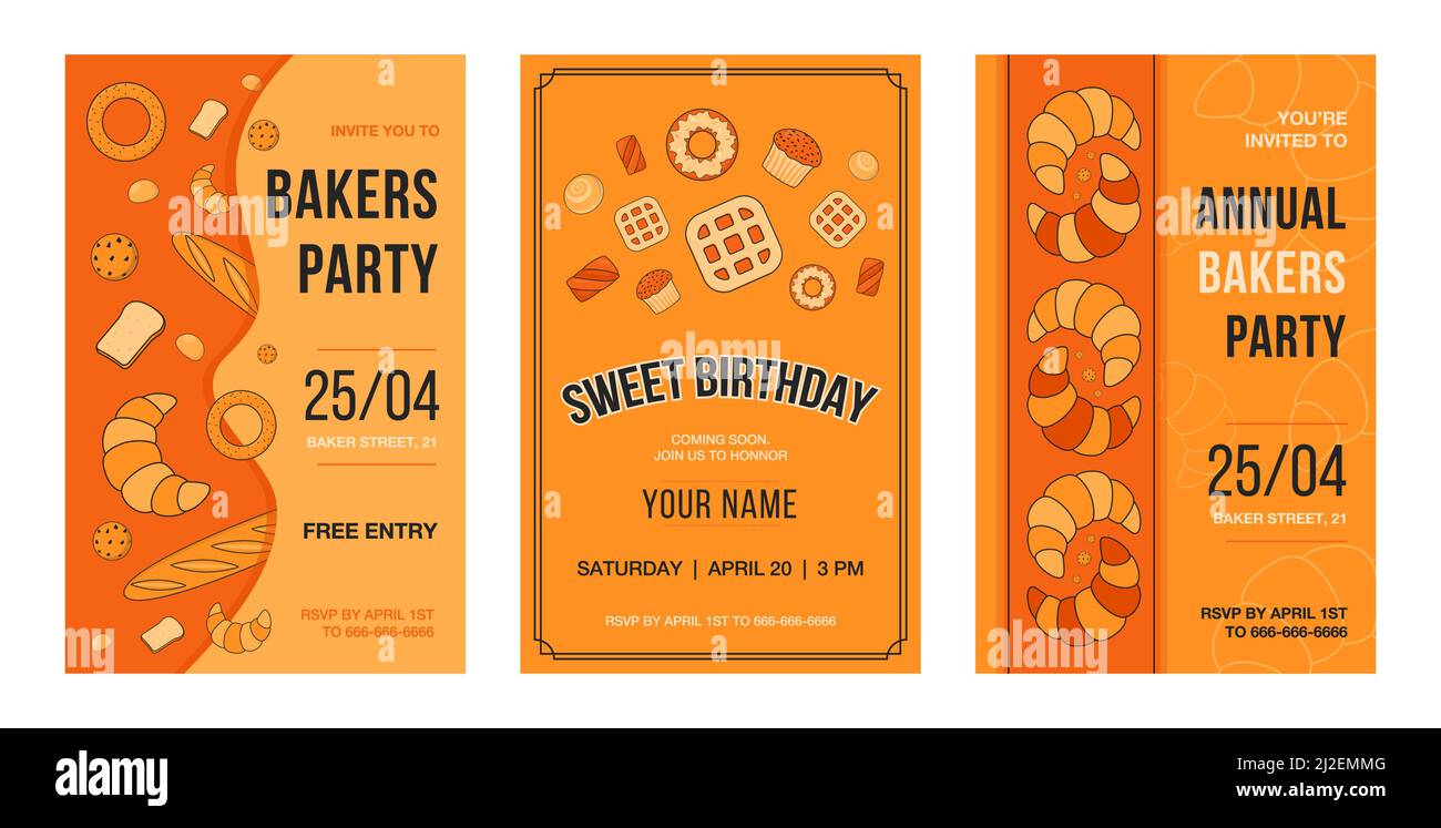 Invitation card set with baking. Pastry and bread vector illustrations ...