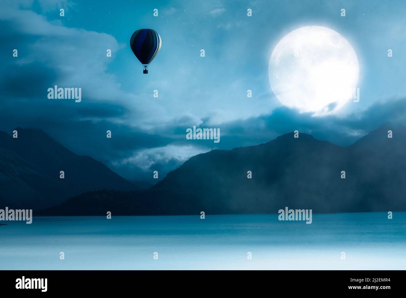 Magical Night Scene with Full Moon in cloudy sky and Hot Air Balloon ...