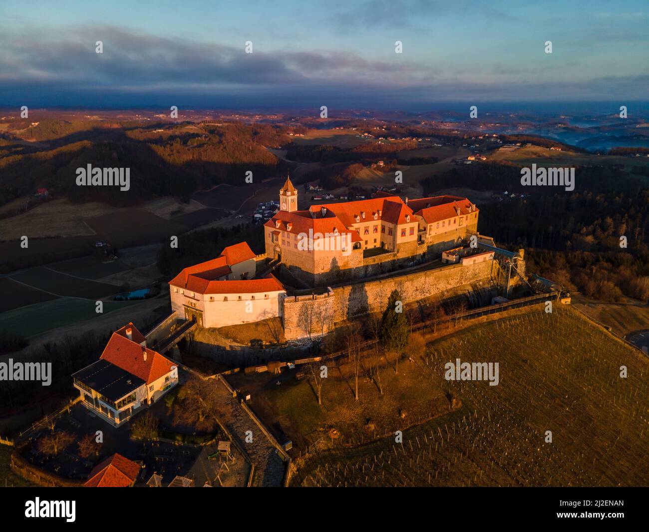 Aerial panorama view of historic old medieval castle Riegersburg on ...