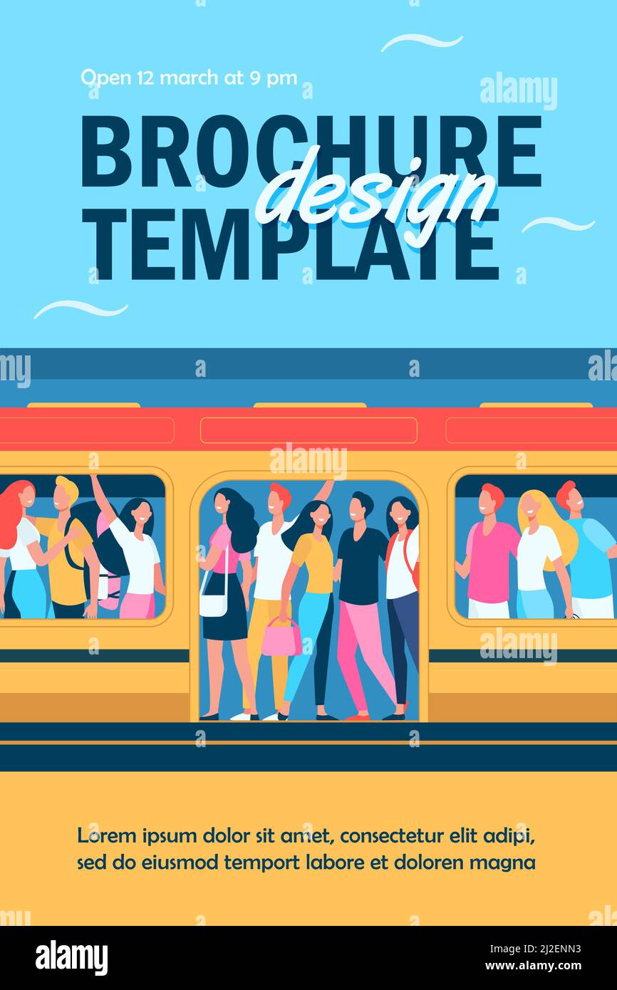 Crowd of happy people travelling by subway train. Passengers standing ...