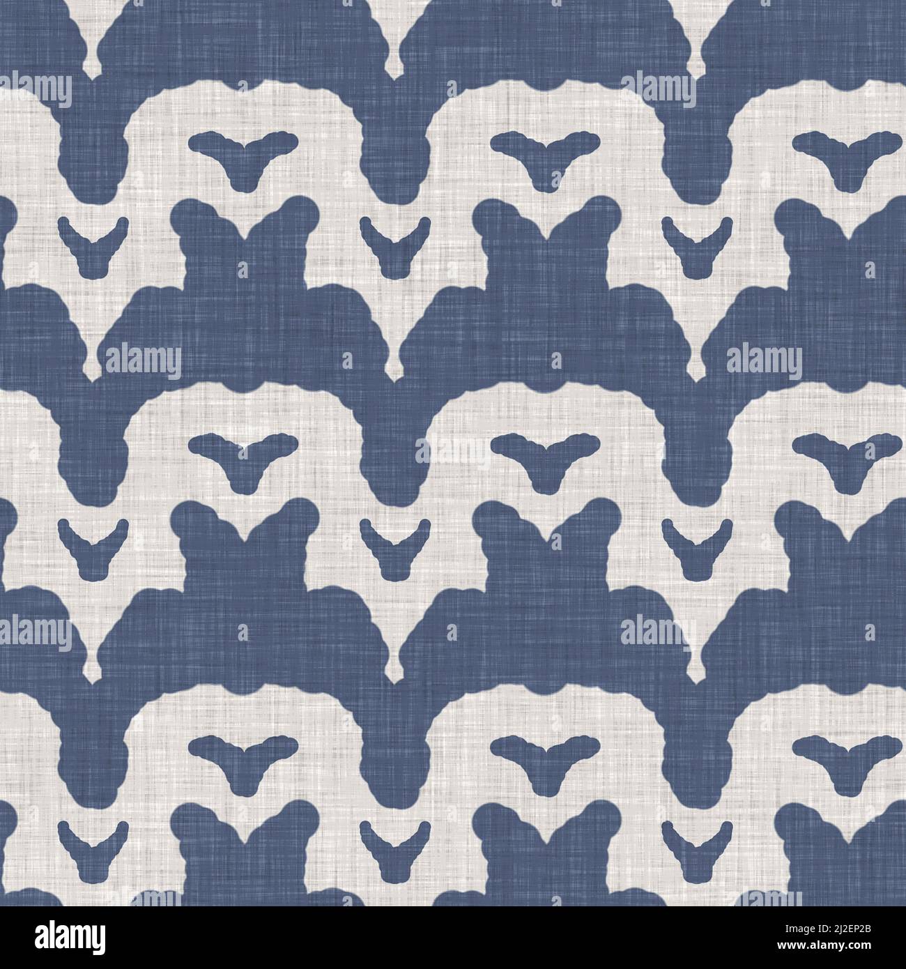 French blue doodle motif linen seamless pattern. Tonal country cottage ...