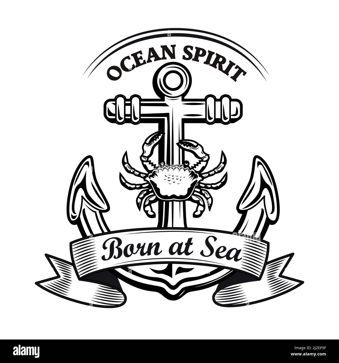 Ocean spirit emblem design. Monochrome element with anchor, crab vector ...