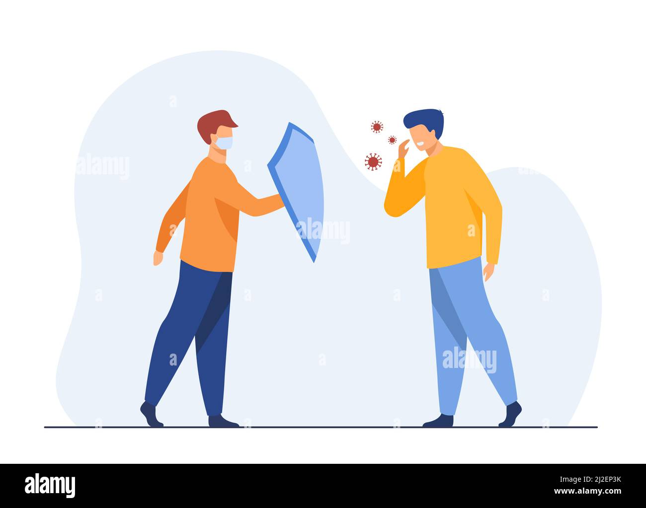 Man in mask protecting from covid with shield. Infected person, cough ...