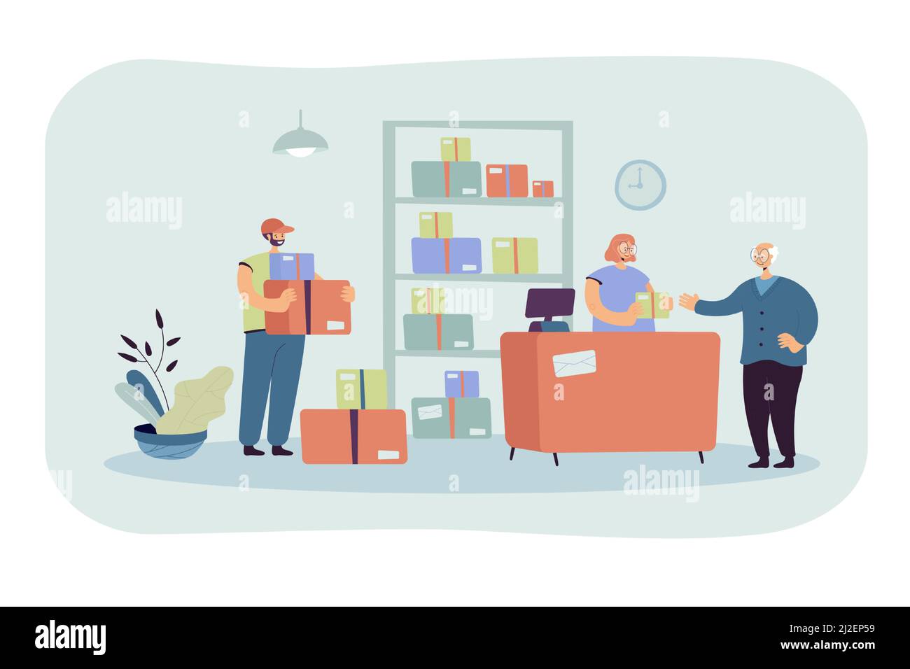 Post office worker giving package to customer. Senior man receiving ...