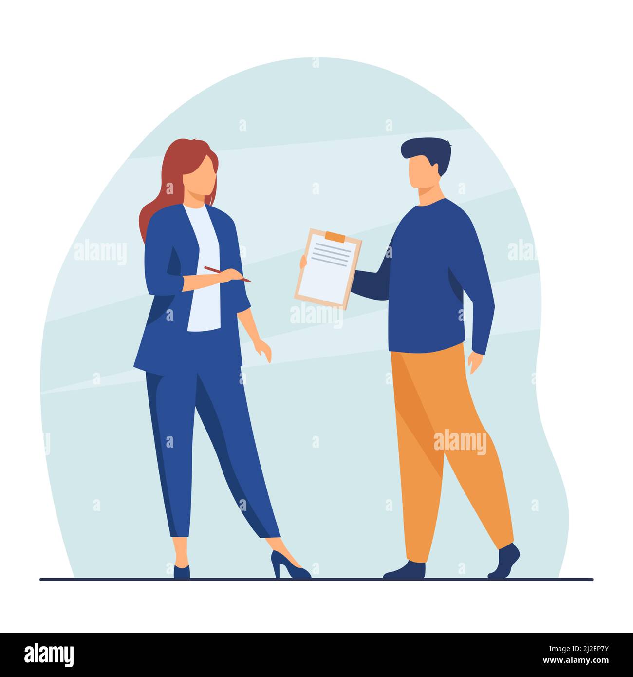 Manager giving document to female boss for signing. Leader, male ...