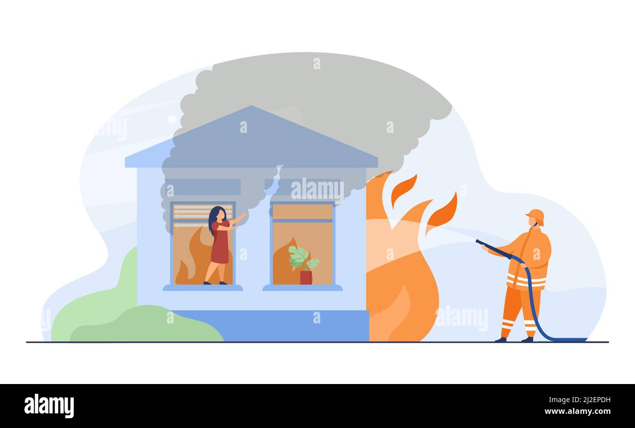 Professional firefighter extinguishing fire in house. Girl, window ...