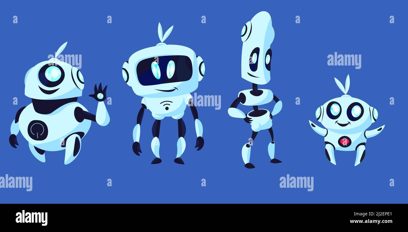 Futuristic robots collection. Humanoid, cyborg, helper isolated on blue ...