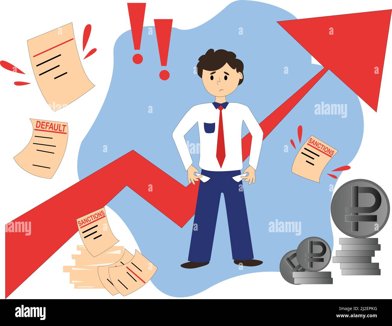 cartoon man with empty pockets standing near documents with sanctions ...