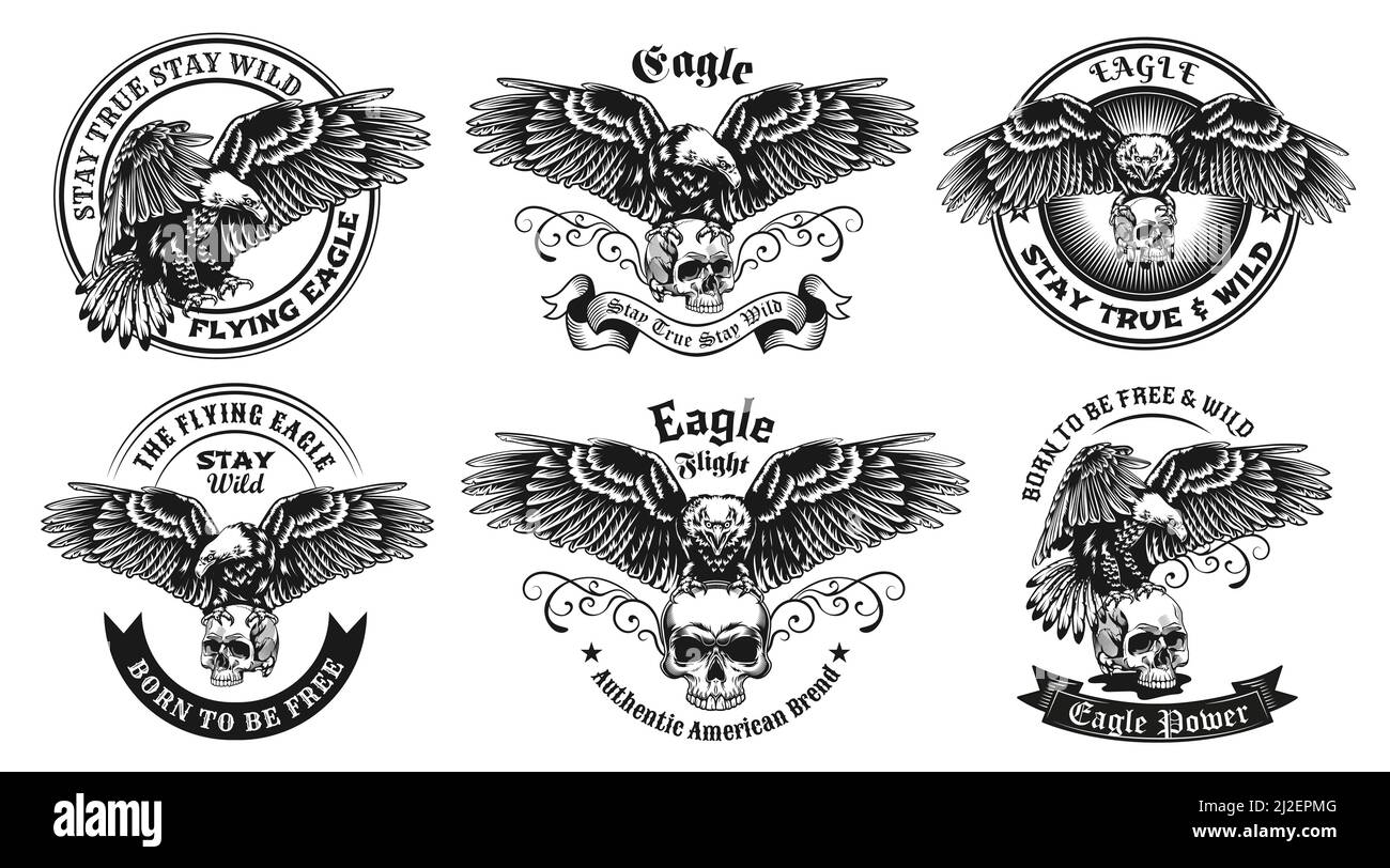 Monochrome labels with eagle and skull vector illustration set. Retro ...