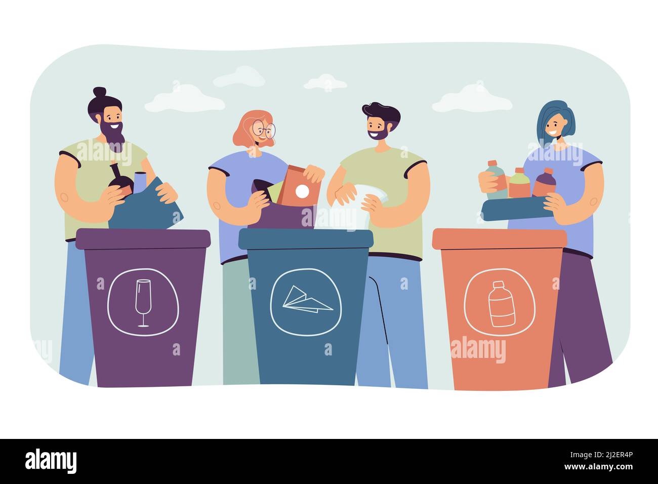 Positive people sorting trash isolated flat vector illustration. Cartoon characters standing ...