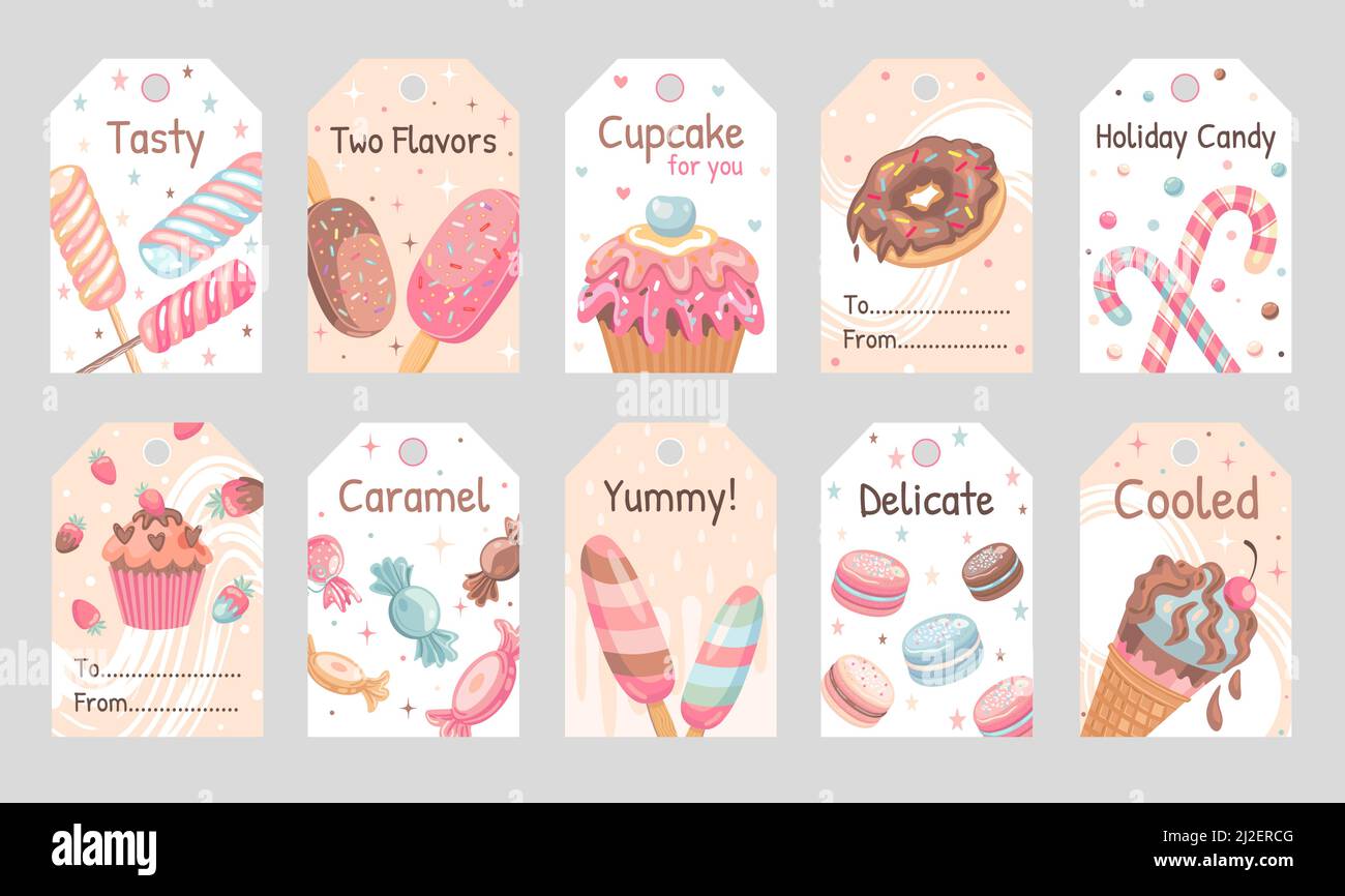 Sweets tags set. Lollypops, donuts, ice cream, macaroons vector ...
