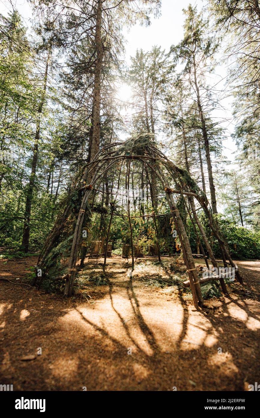 A vertical shot of a Native american tipi skeleton reconstruction in a ...
