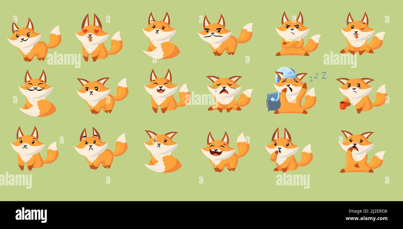 Funny cartoon red fox with set of various emotions. Cute baby animal ...