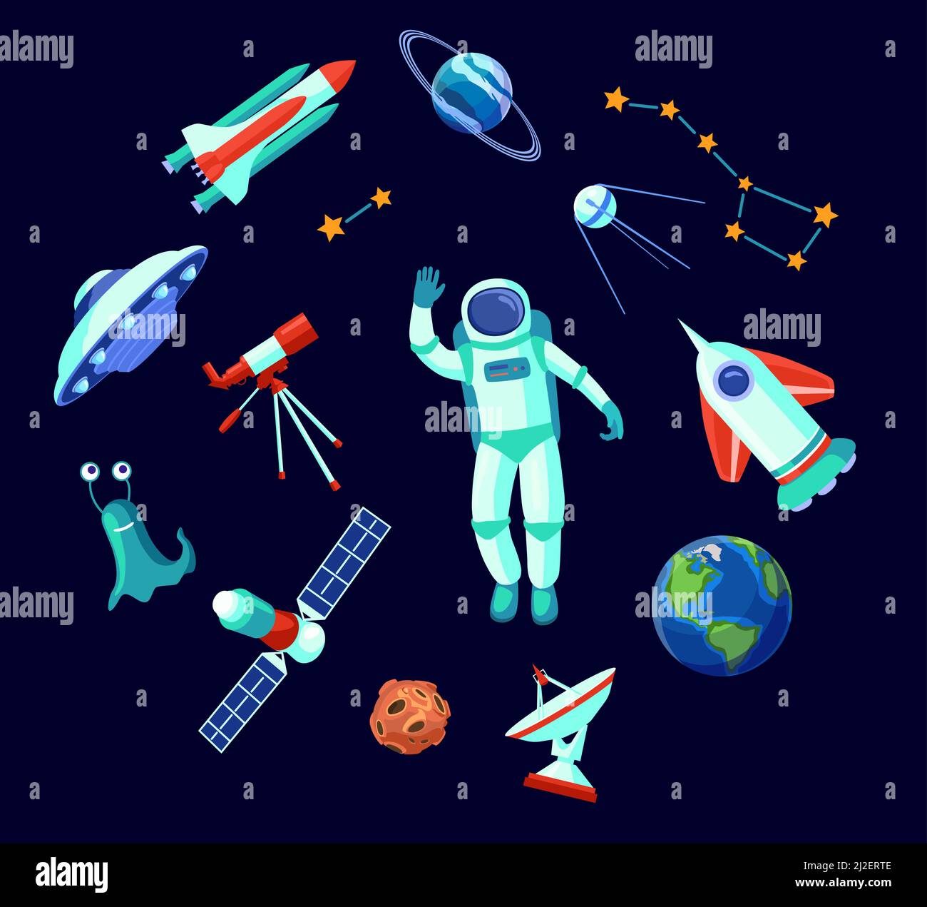Trendy space elements flat pictures collection. Cartoon astronaut, UFO ...