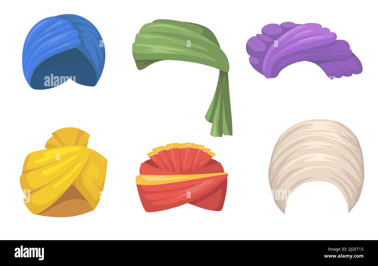 Traditional turbans set. Indian and Arabic hats, colorful sikh headgear ...