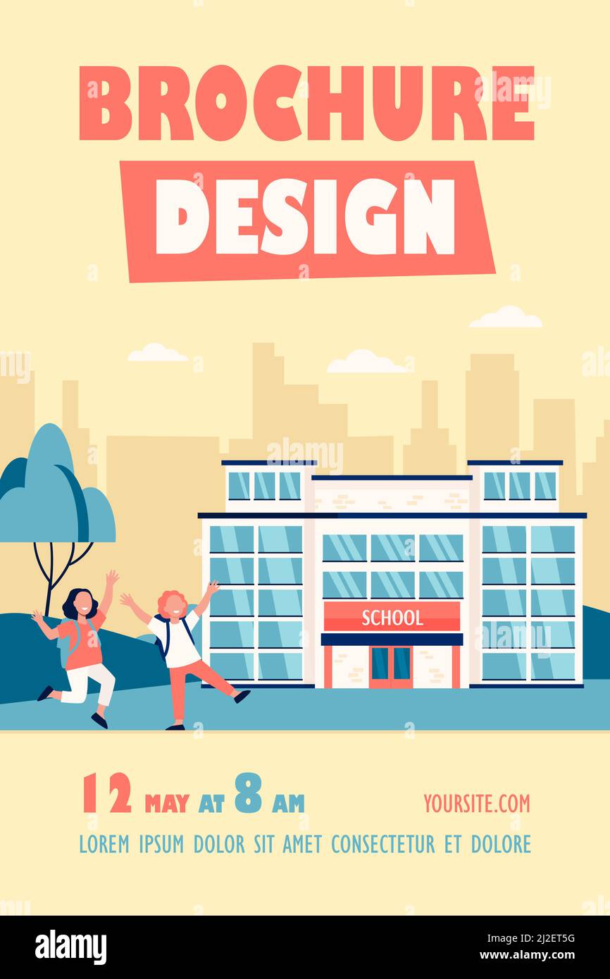 Happy kids running outside near school isolated flat vector ...