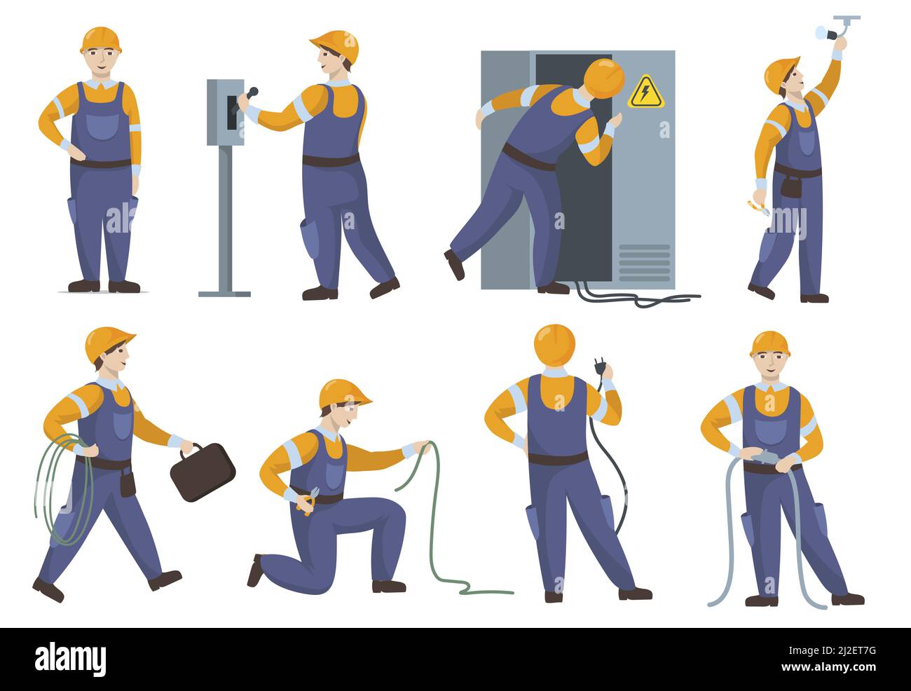 Professional electrician in uniform repairing electric elements flat ...