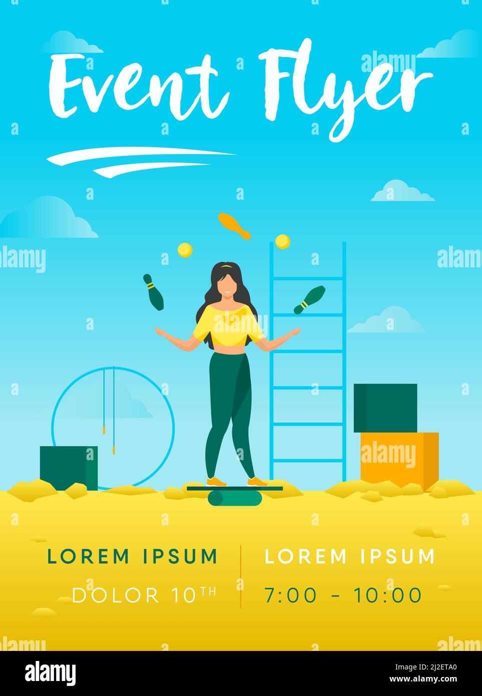 Woman balancing and juggling with skittles and balls. Gym, circus ...