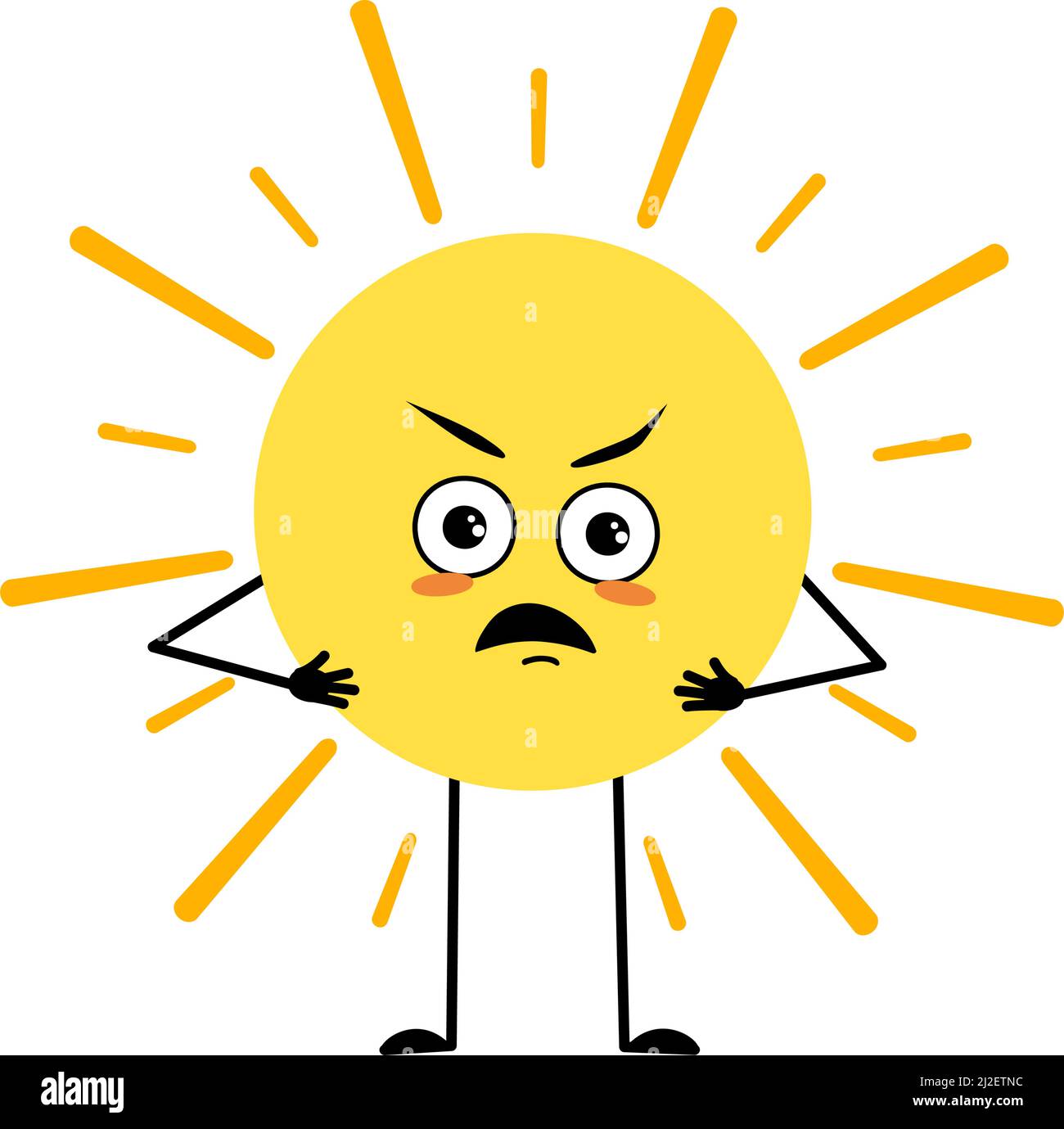 Cute sun character with angry emotions, grumpy face, furious eyes, arms ...