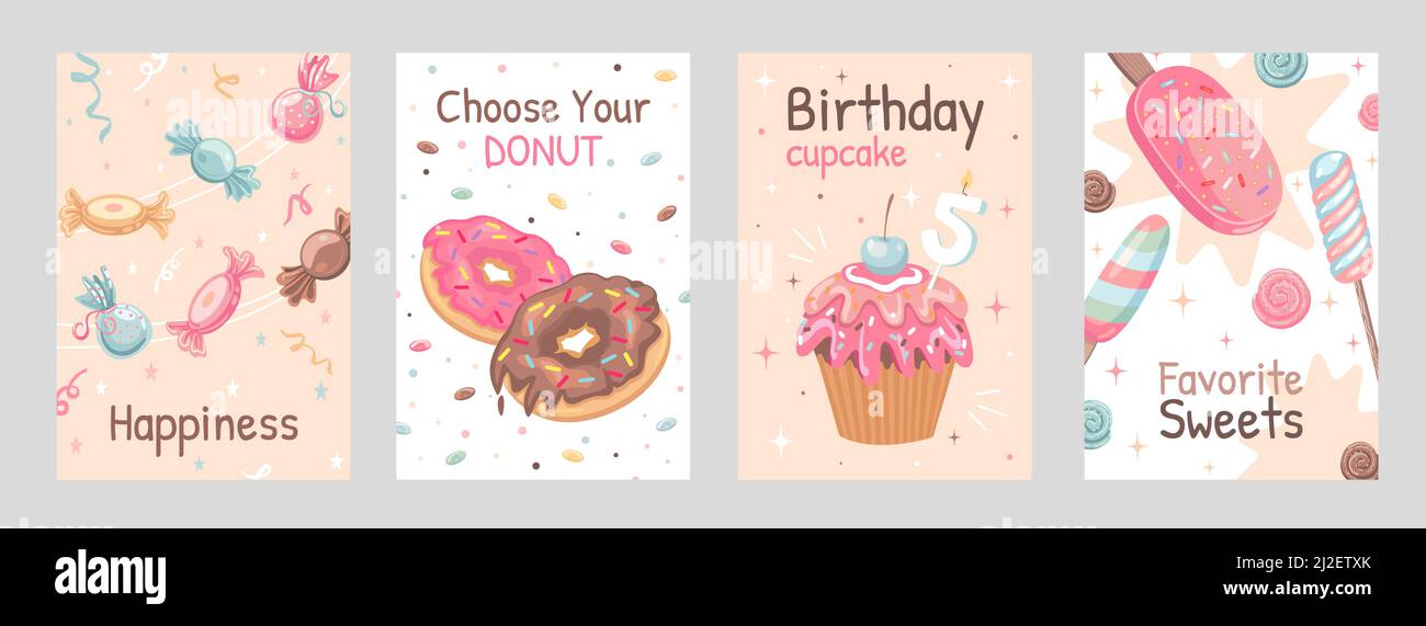 Sweets posters set. Candies, donuts, ice cream, cupcake vector ...