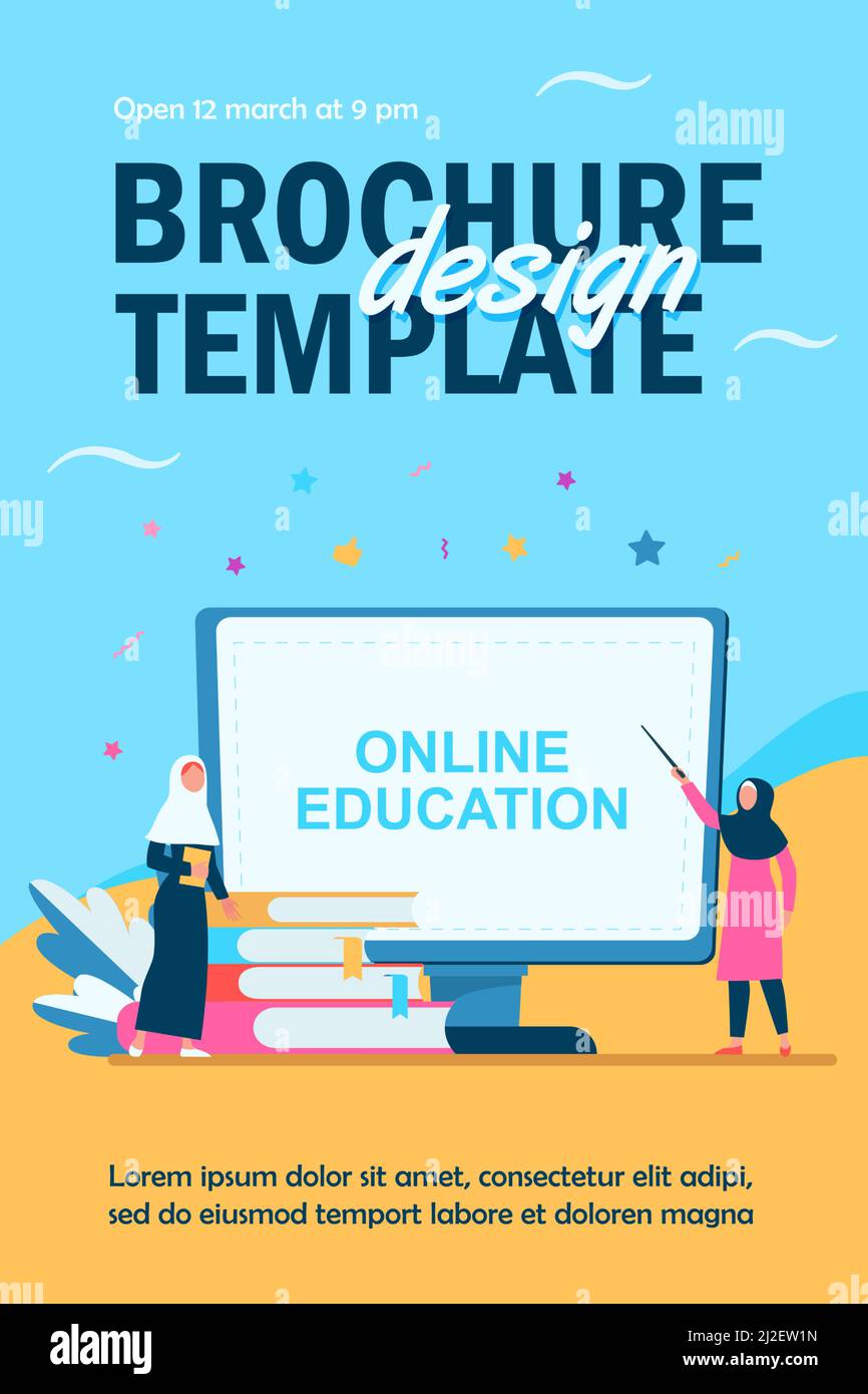 Tiny Arabian woman learning via computer. Book, student, internet flat ...