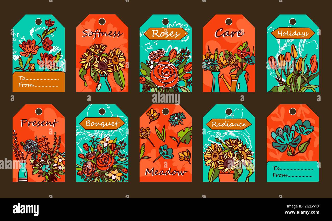 Tags set with flowers. Bunches in vases, tulips, roses vector ...