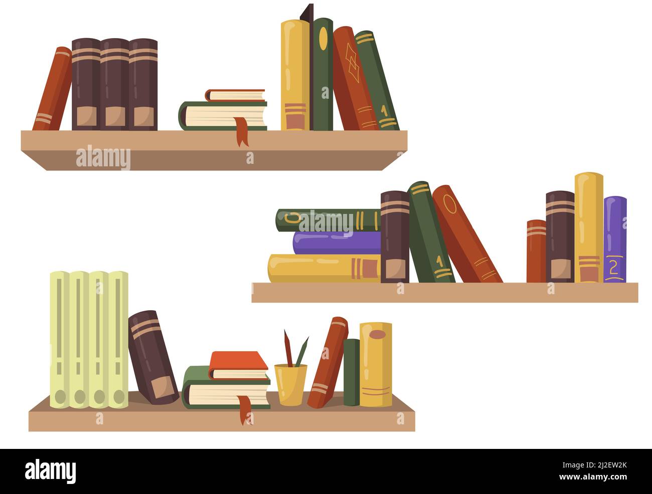 Three wooden bookshelves with various books flat set for web design ...