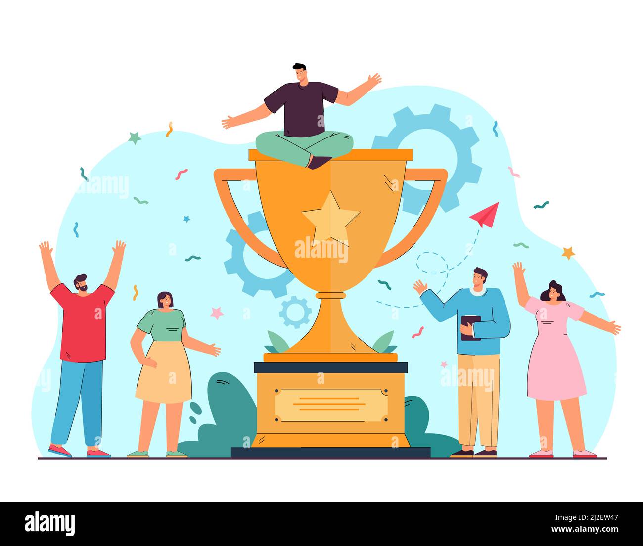 Tiny corporative winners celebrating victory flat vector illustration ...