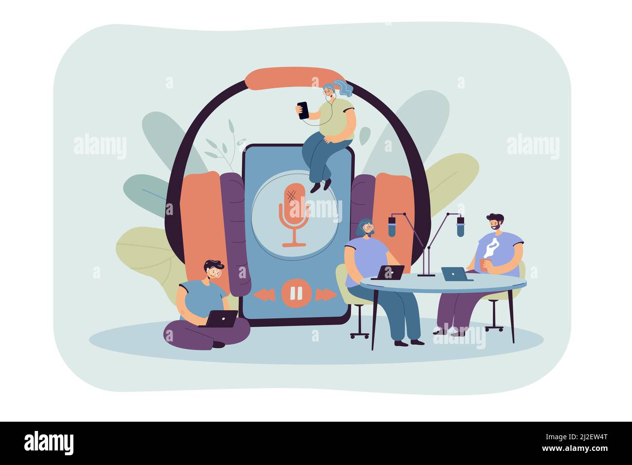 Tiny men and women listening to radio or broadcasting flat vector ...