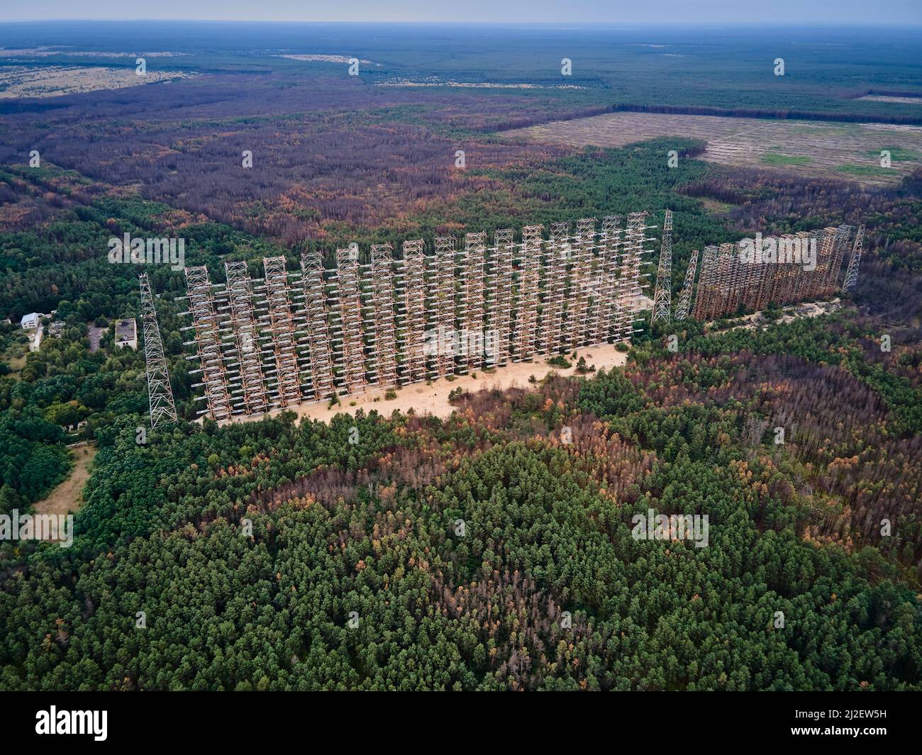 Aerial view of Former remains of Duga radar system in abandoned ...