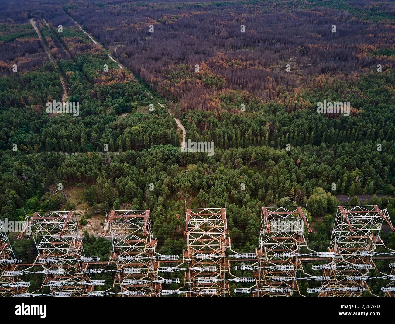 Aerial view of Former remains of Duga radar system in abandoned ...