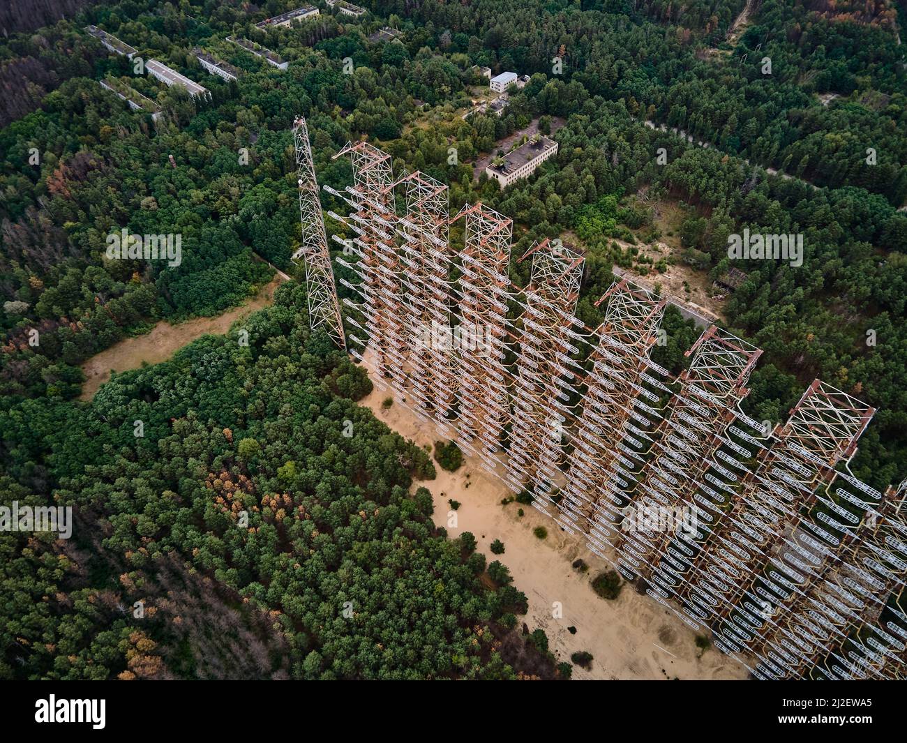 Aerial view of Former remains of Duga radar system in abandoned ...