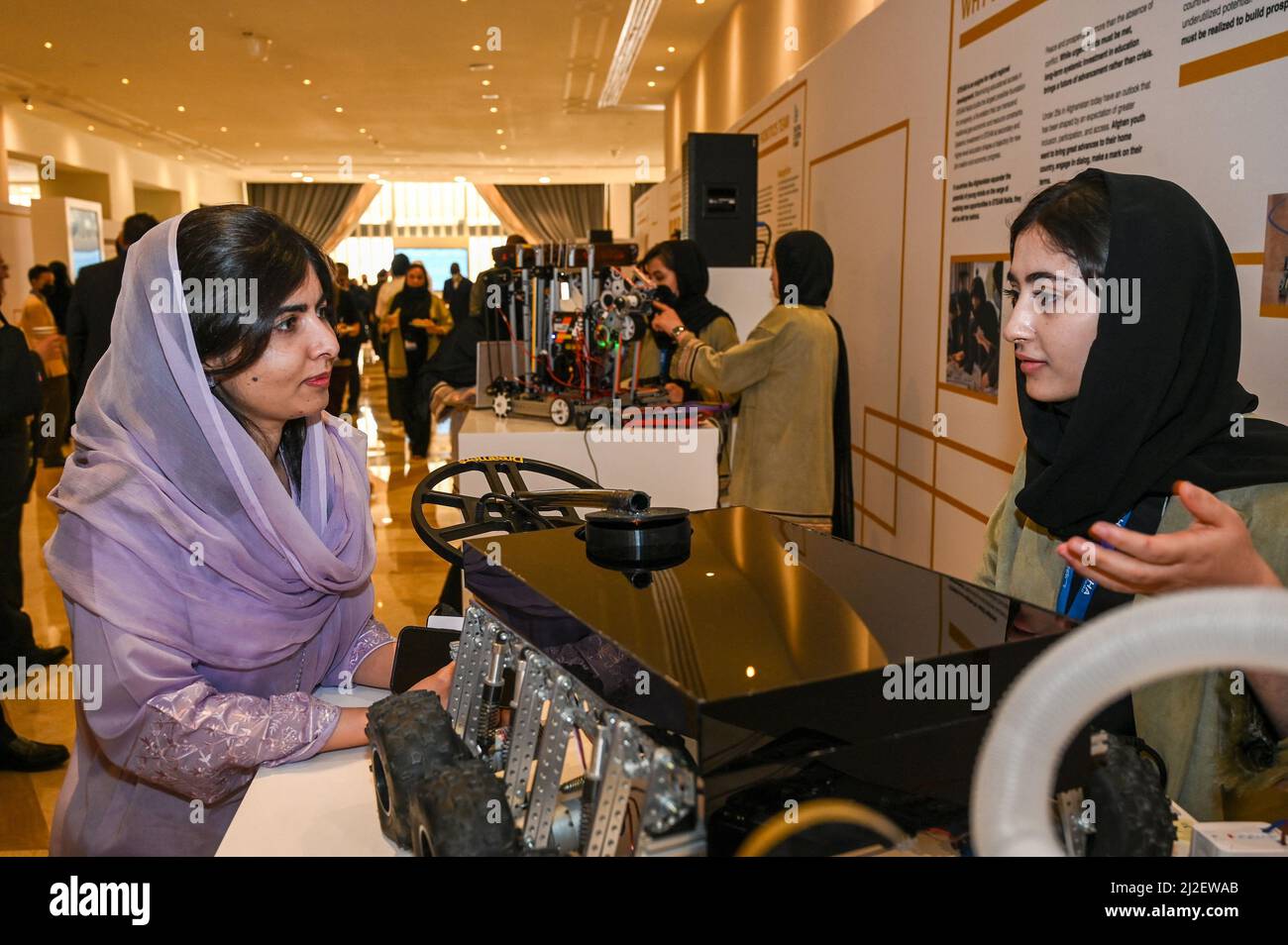 Pakistani activist and Nobel Prize laureate, Malala Yousafzai (L) talks ...