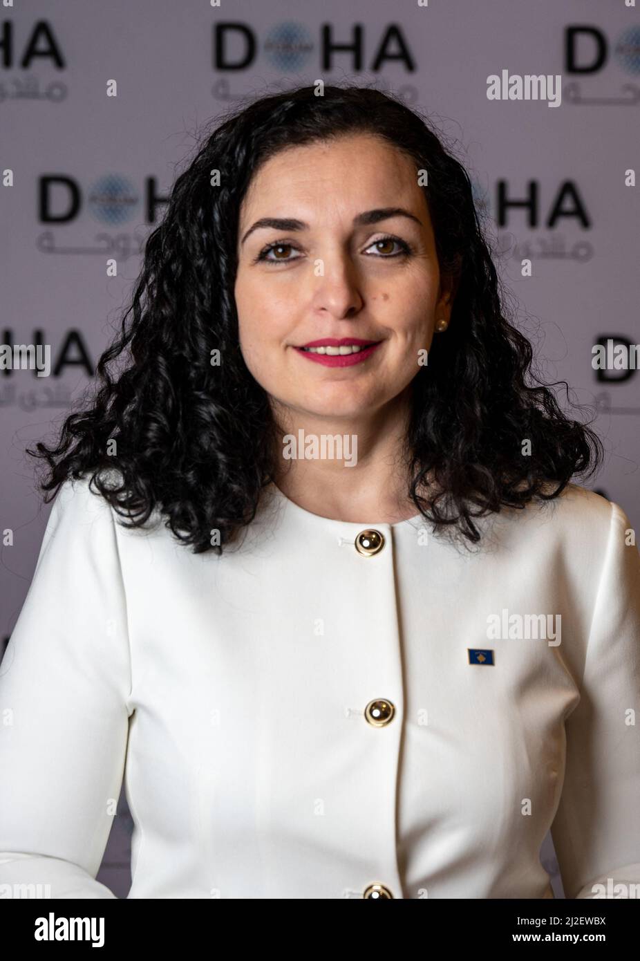 Kosovo President Vjosa Osmani poses at the closing ceremony of the Doha ...