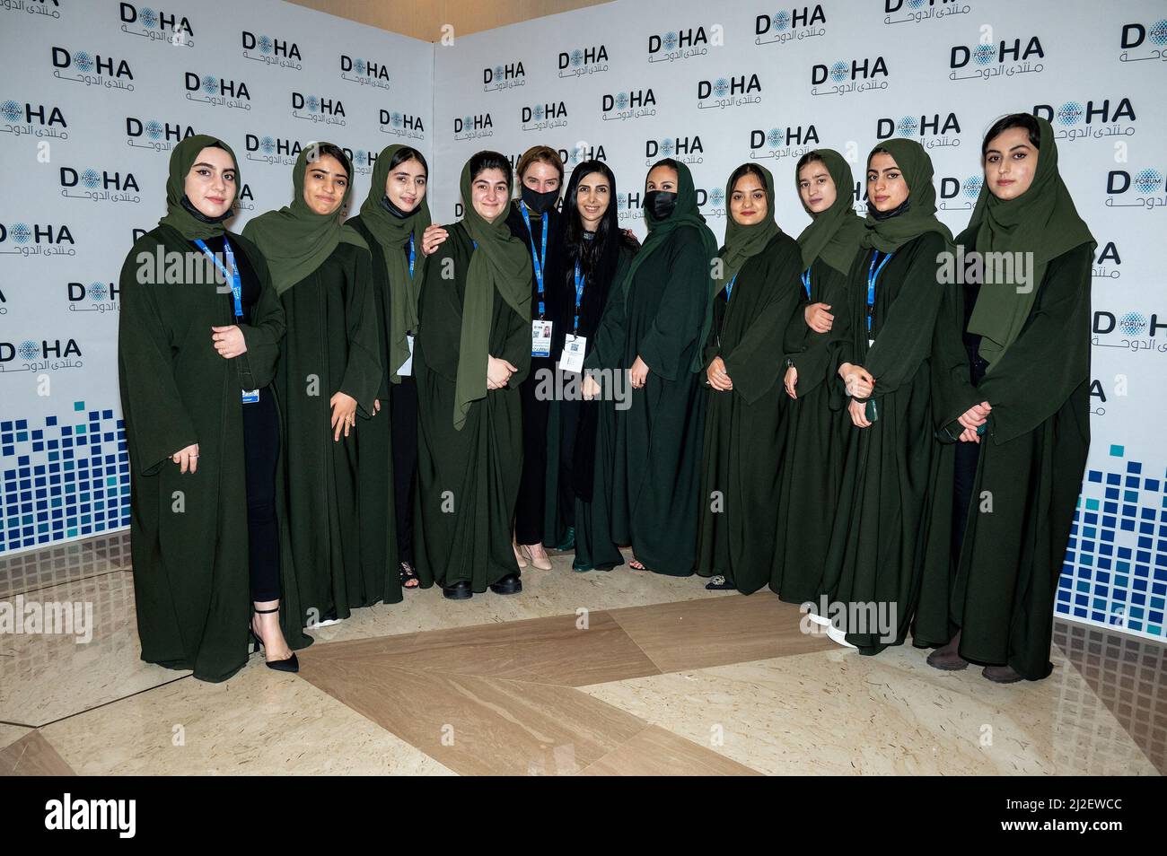 Members of the Afghan Girls Robotic Team pose at the Doha Forum in Doha ...