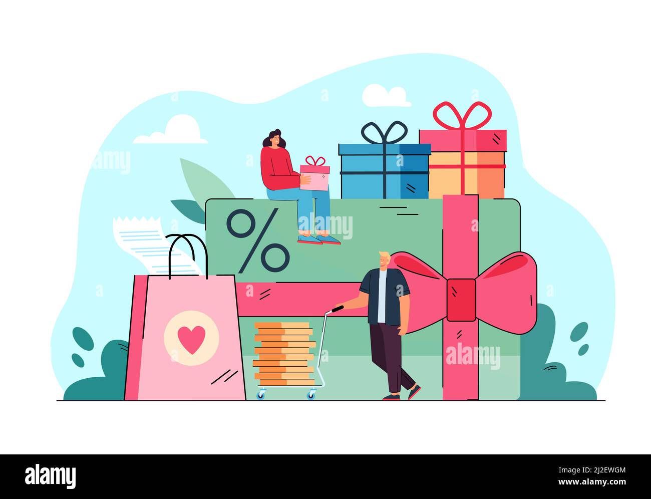 Tiny people with promotion gifts and card isolated flat vector ...